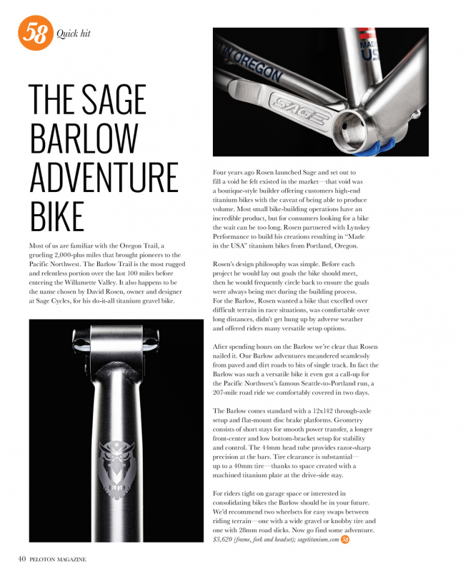 peloton-magazine-barlow-review-issue-58_0 - Sage Titanium Bicycles